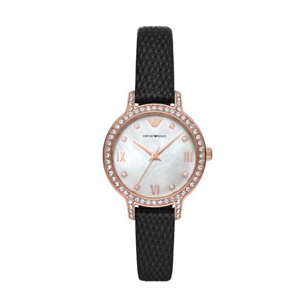Emporio Armani Cleo Black Leather 32mm Ladies Watch AR11485 Bannon Jewellers
