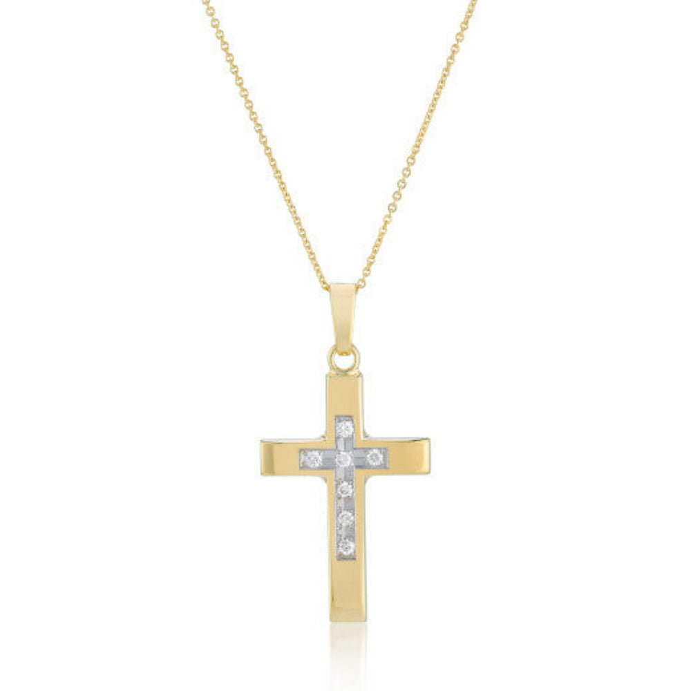 9ct Two Tone Gold Bevelled Edge Diamond Cross Necklace – Bannon Jewellers